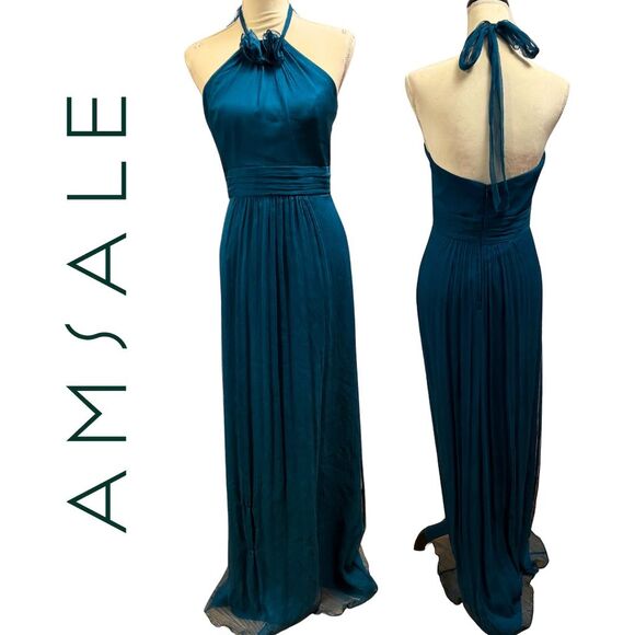Amsale | Dresses | Amsale Teal Rosette Halter Maxi Dress Formal | Poshmark